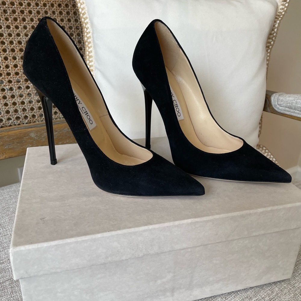 Jimmy Choo Anouk Black Pointy Toe Suede Stiletto Heels - Gem